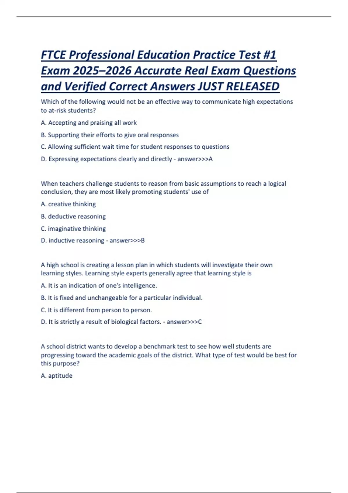 FTCE Professional Education Practice Test #1 Exam 2025–2026 Teacher ...