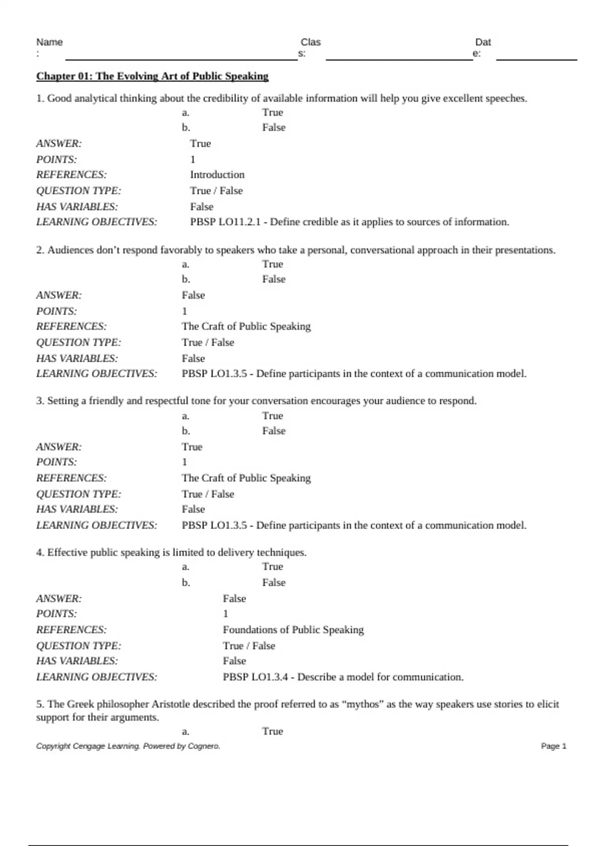 test bank, practice questions: Public Speaking The Evolving Art ...