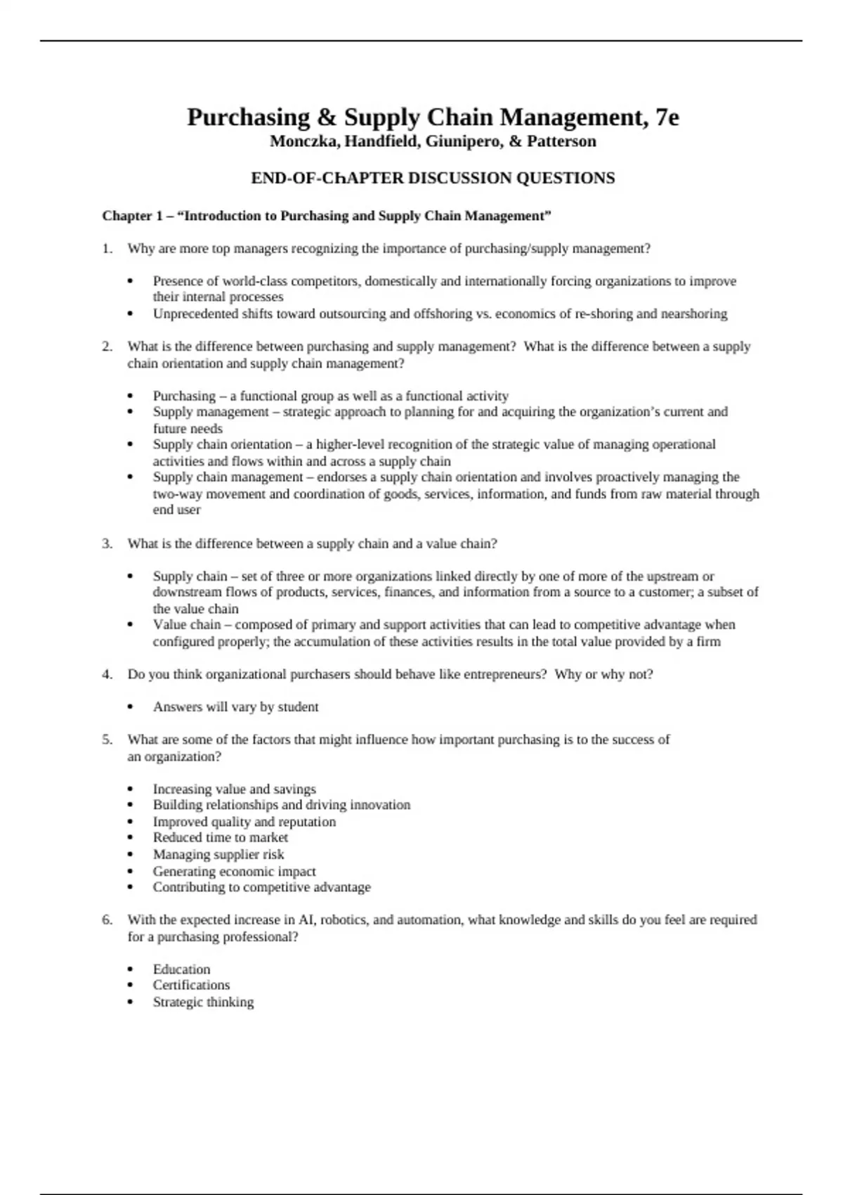 Summary solutions manual, summaries: Purchasing and Supply Chain ...
