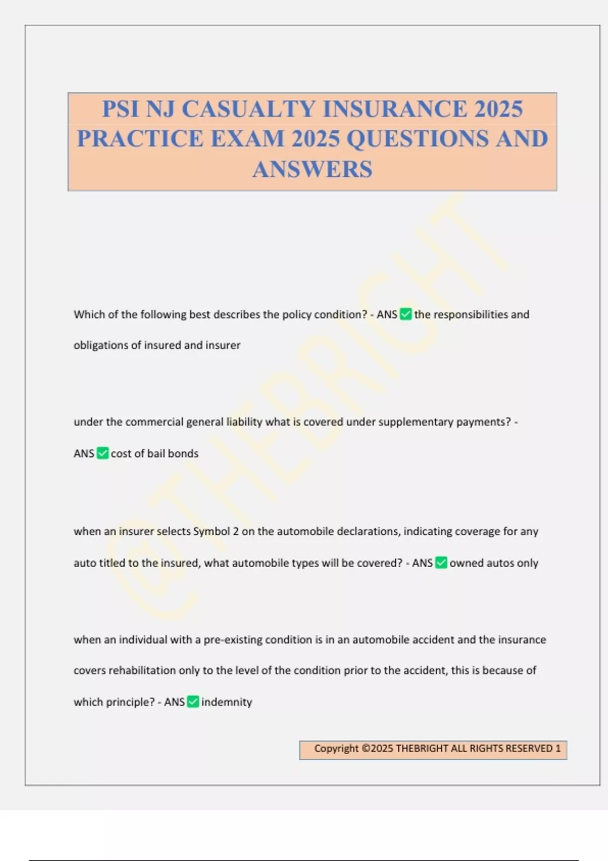PSI NJ CASUALTY INSURANCE 2025 PRACTICE EXAM 2025 QUESTIONS AND ANSWERS ...