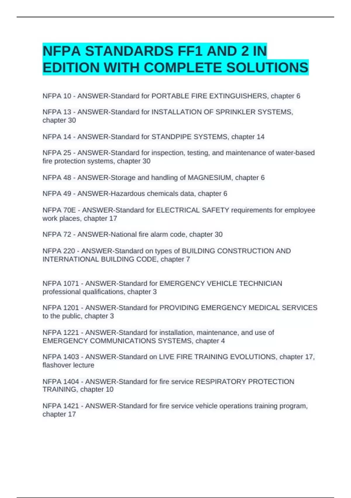 NFPA STANDARDS FF1 AND 2 IN EDITION WITH COMPLETE SOLUTIONS - NFPA ...