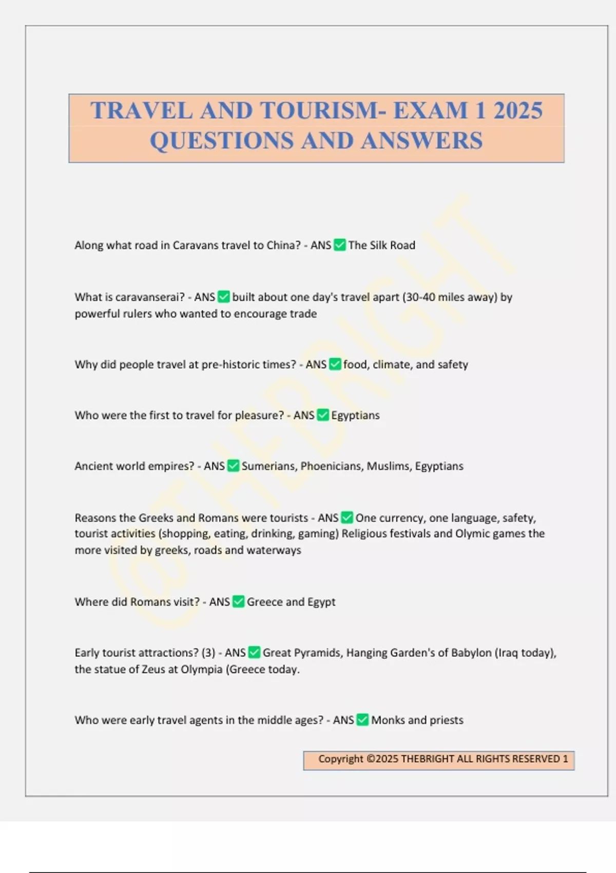 TRAVEL AND TOURISM- EXAM 1 2025 QUESTIONS AND ANSWERS - TRAVEL AND ...