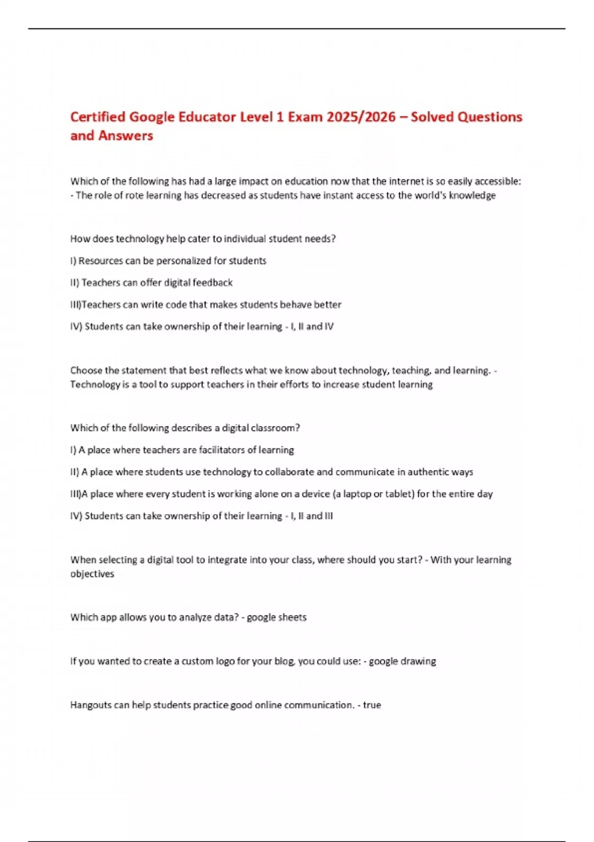 Certified Google Educator Level 1 Exam 2025/2026 – Solved Questions and ...