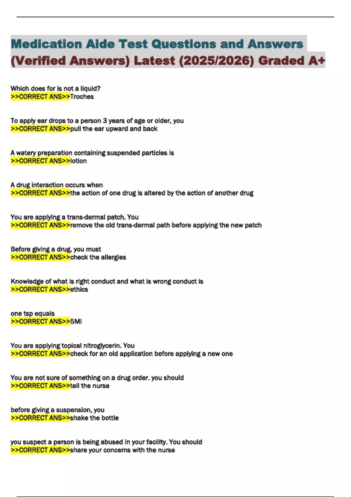 Medication Aide Test Questions and Answers (Verified Answers) Latest ...
