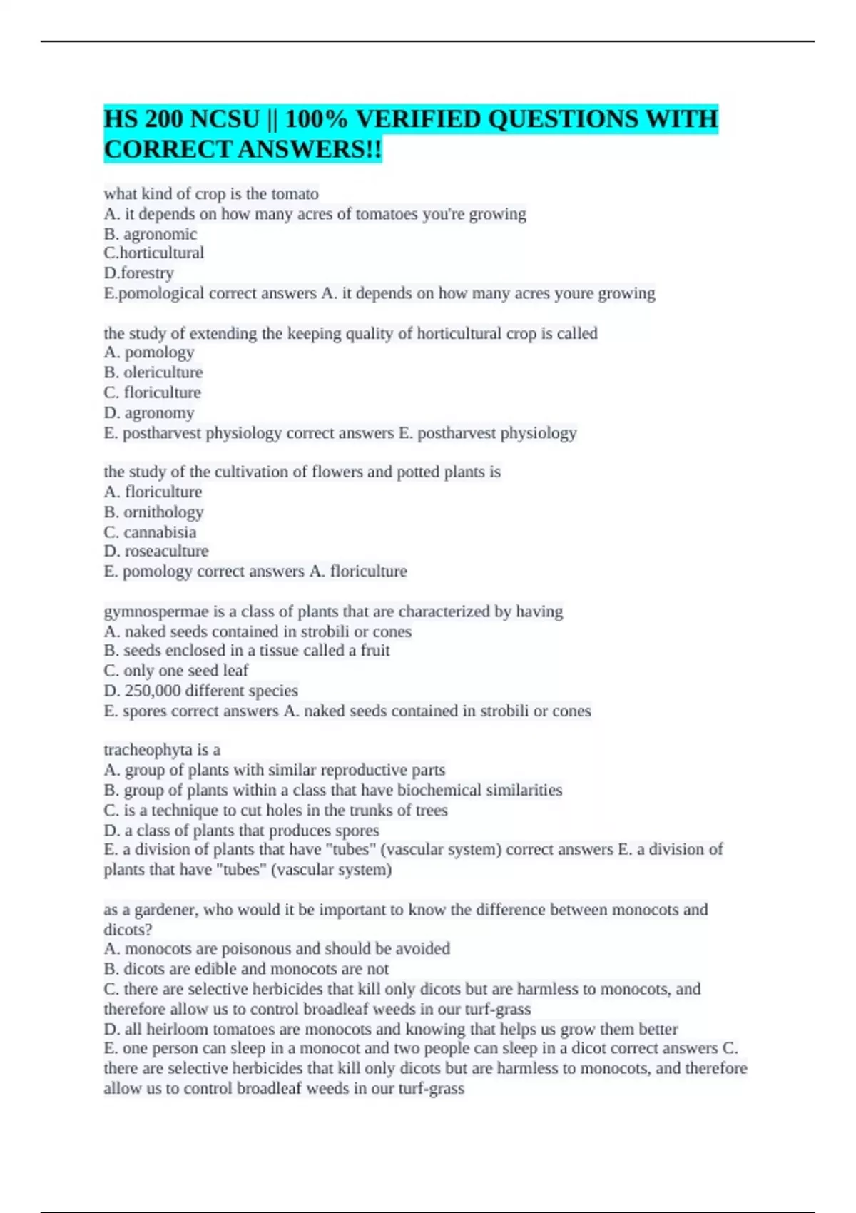 HS 200 NCSU || 100% VERIFIED QUESTIONS WITH CORRECT ANSWERS!! - HS 200 ...