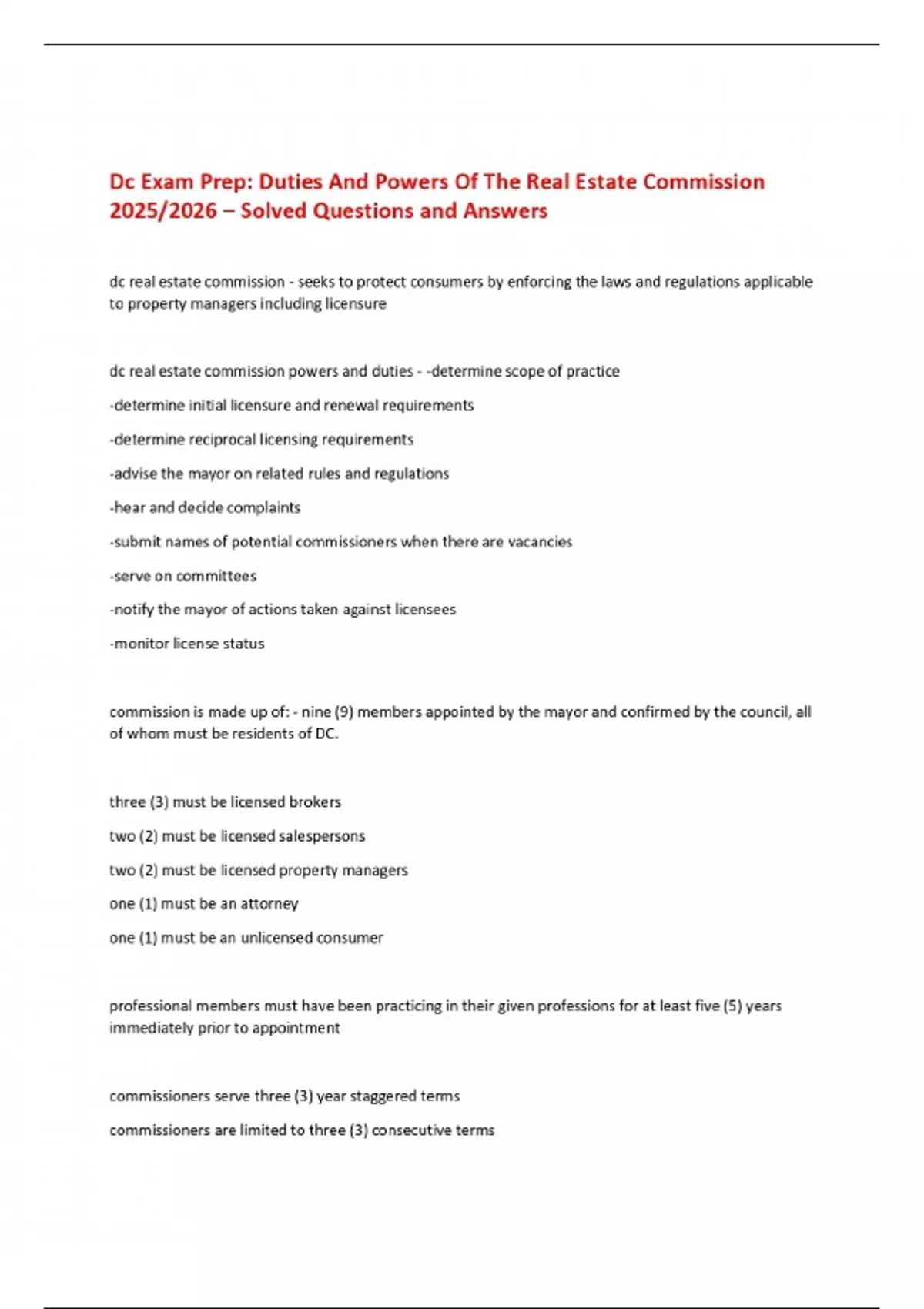 Dc Exam Prep: Duties And Powers Of The Real Estate Commission 2025/2026 ...