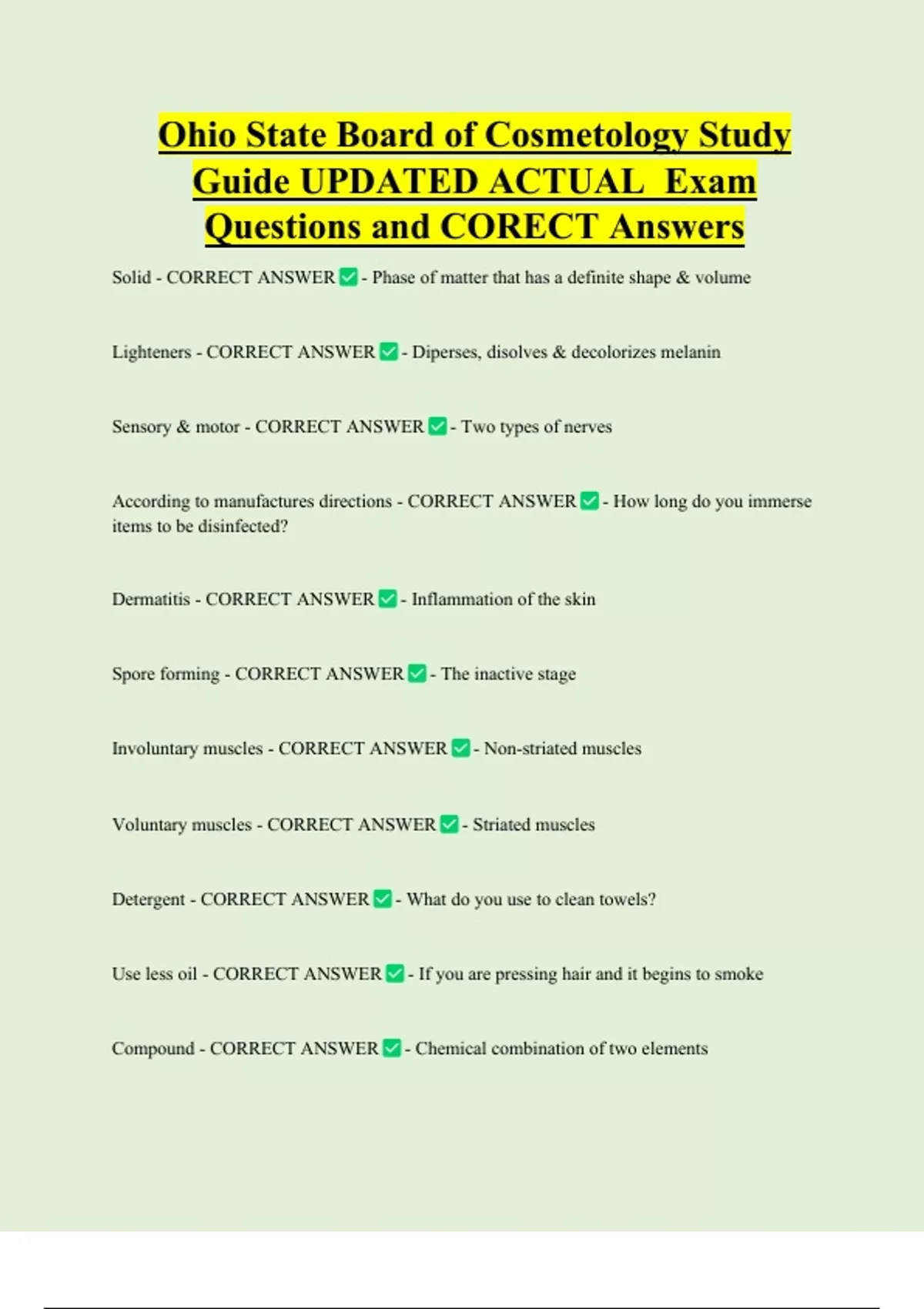Ohio State Board of Cosmetology Study Guide UPDATED ACTUAL Exam ...
