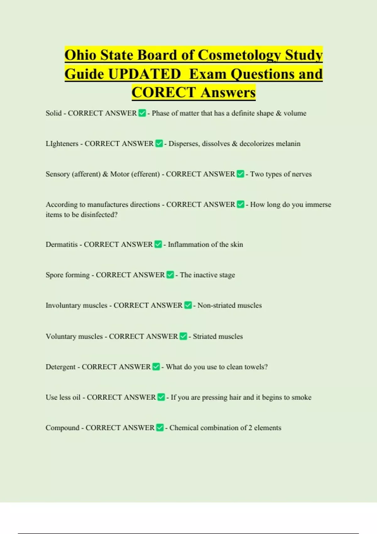 Ohio State Board of Cosmetology Study Guide UPDATED Exam Questions and ...