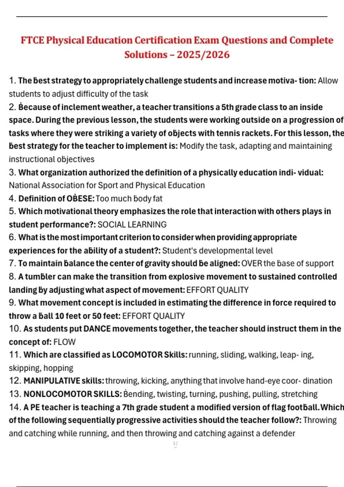FTCE Physical Education K–12 – Certification Exam Questions and ...