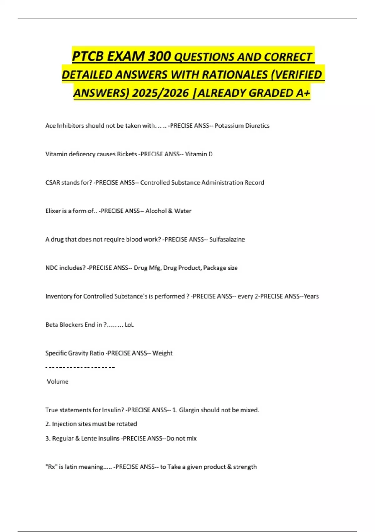 PTCB EXAM 300 QUESTIONS AND CORRECT DETAILED ANSWERS WITH RATIONALES ...