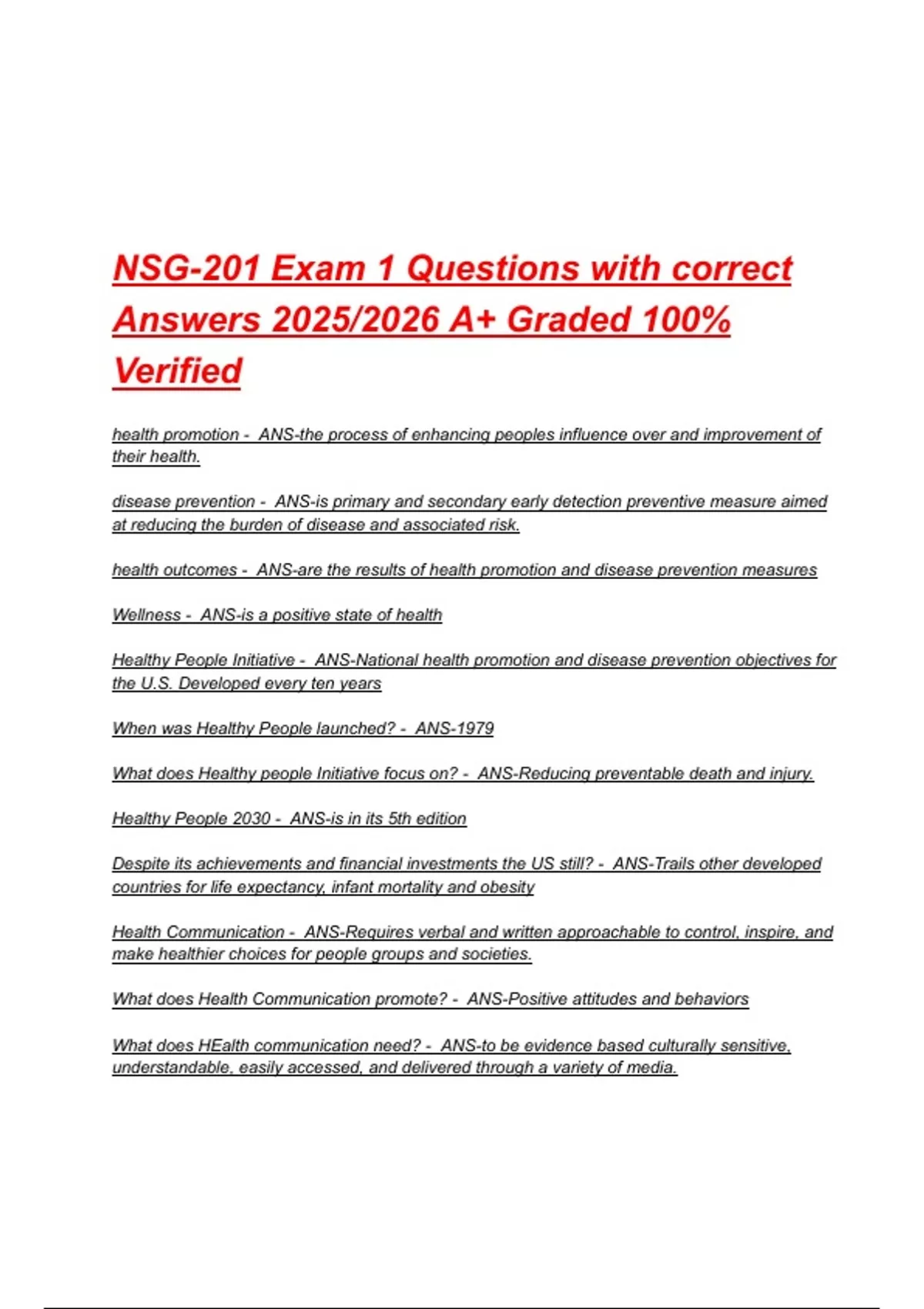 NSG-201 Exam 1 Questions with correct Answers 2025/2026 A+ Graded 100% Verified - NSG-201 ...