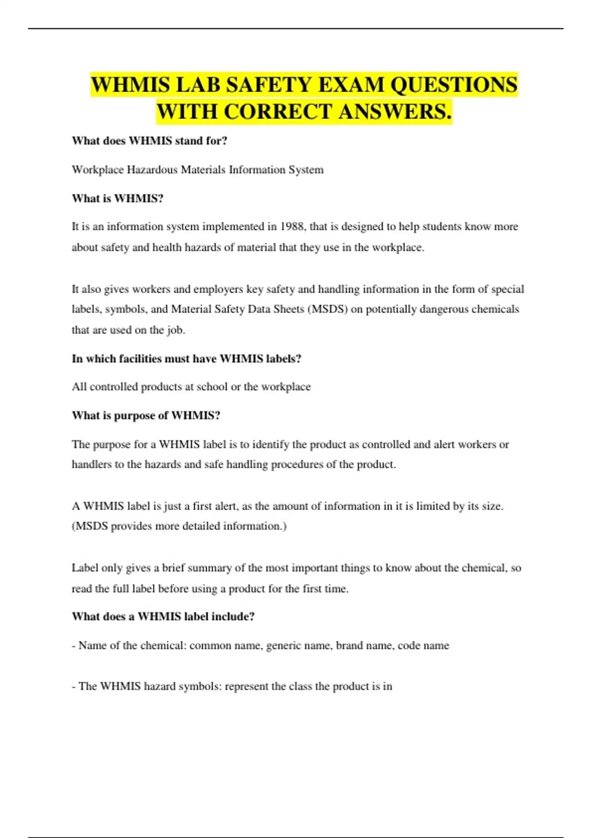 WHMIS LAB SAFETY EXAM QUESTIONS WITH CORRECT ANSWERS. - WHMIS - Stuvia US