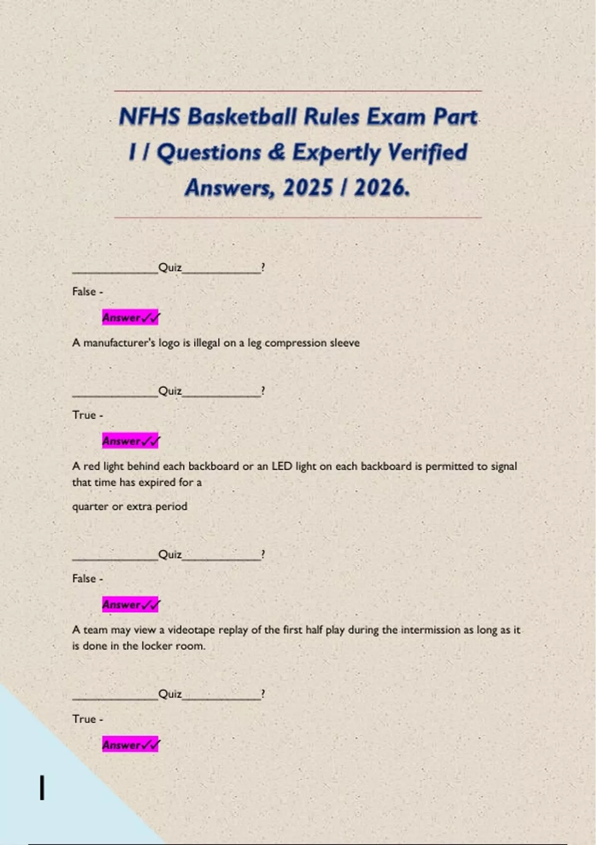 NFHS Basketball Rules Exam Part I / Questions & Expertly Verified ...