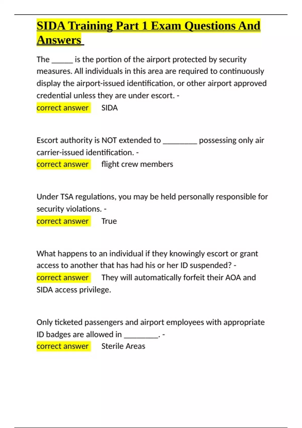 SIDA Training Part 1 Exam Questions And Answers.docx - SIDA - Stuvia US