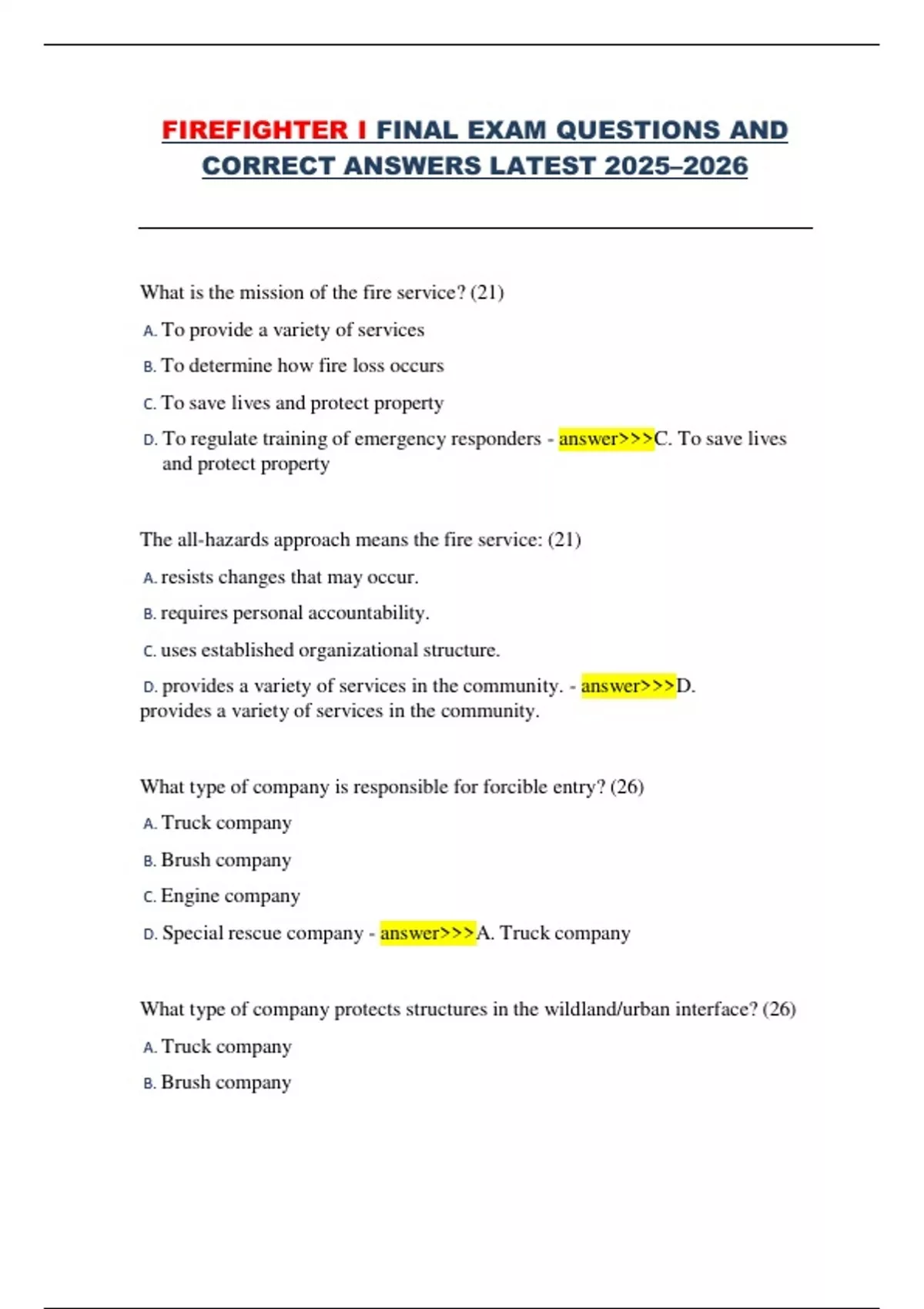 Firefighter I Final Exam 2025–2026 – Complete Questions and Verified ...