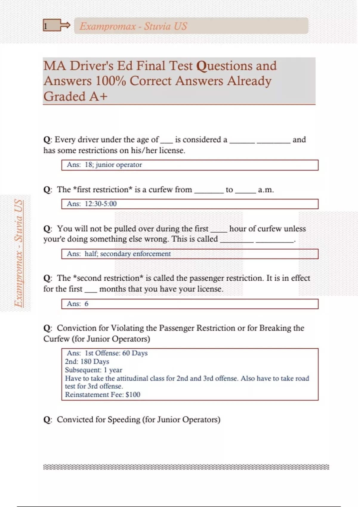 MA Driver's Ed Final Test Questions and Answers 100% Correct Answers ...