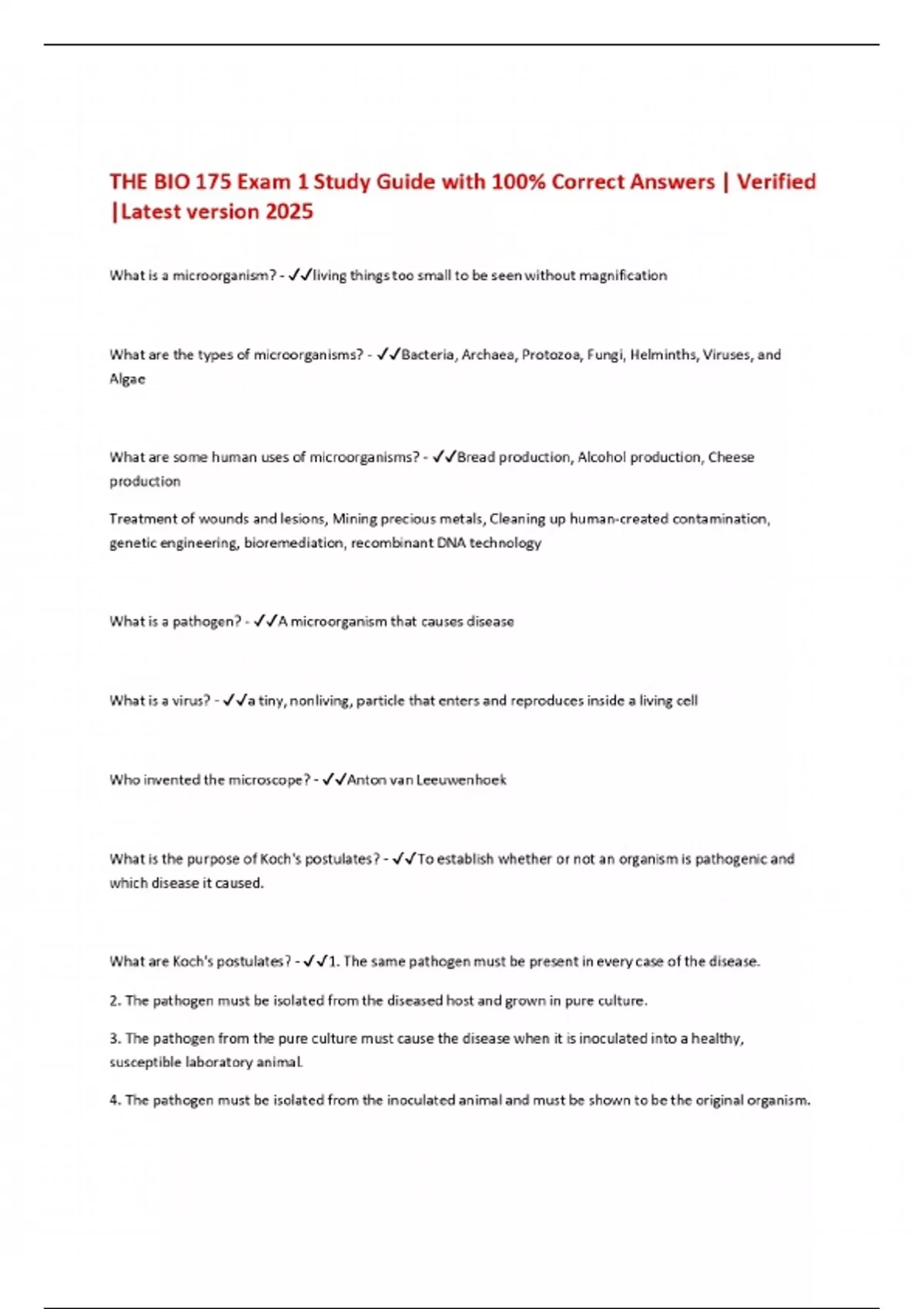 THE BIO 175 Exam 1 Study Guide with 100% Correct Answers | Verified ...