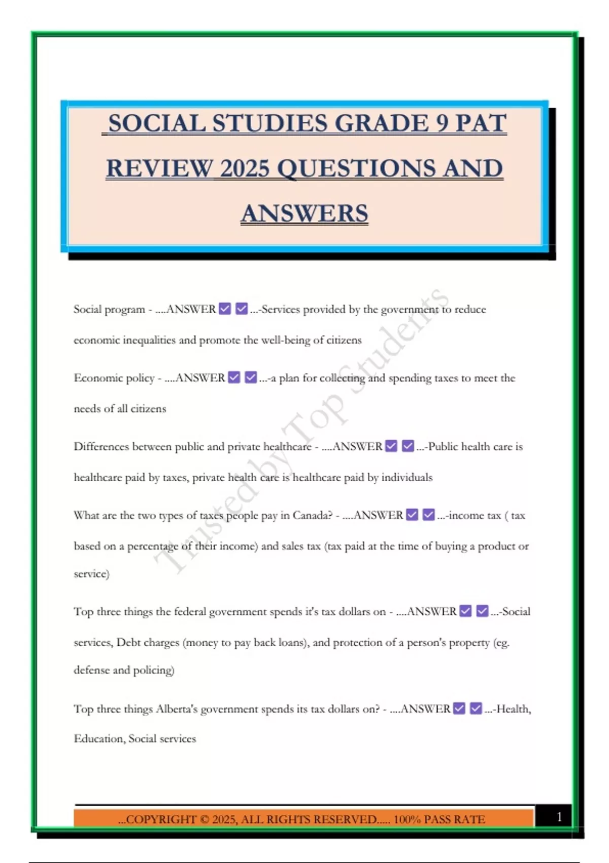 SOCIAL STUDIES GRADE 9 PAT REVIEW 2025 QUESTIONS AND ANSWERS - SOCIAL 9 ...