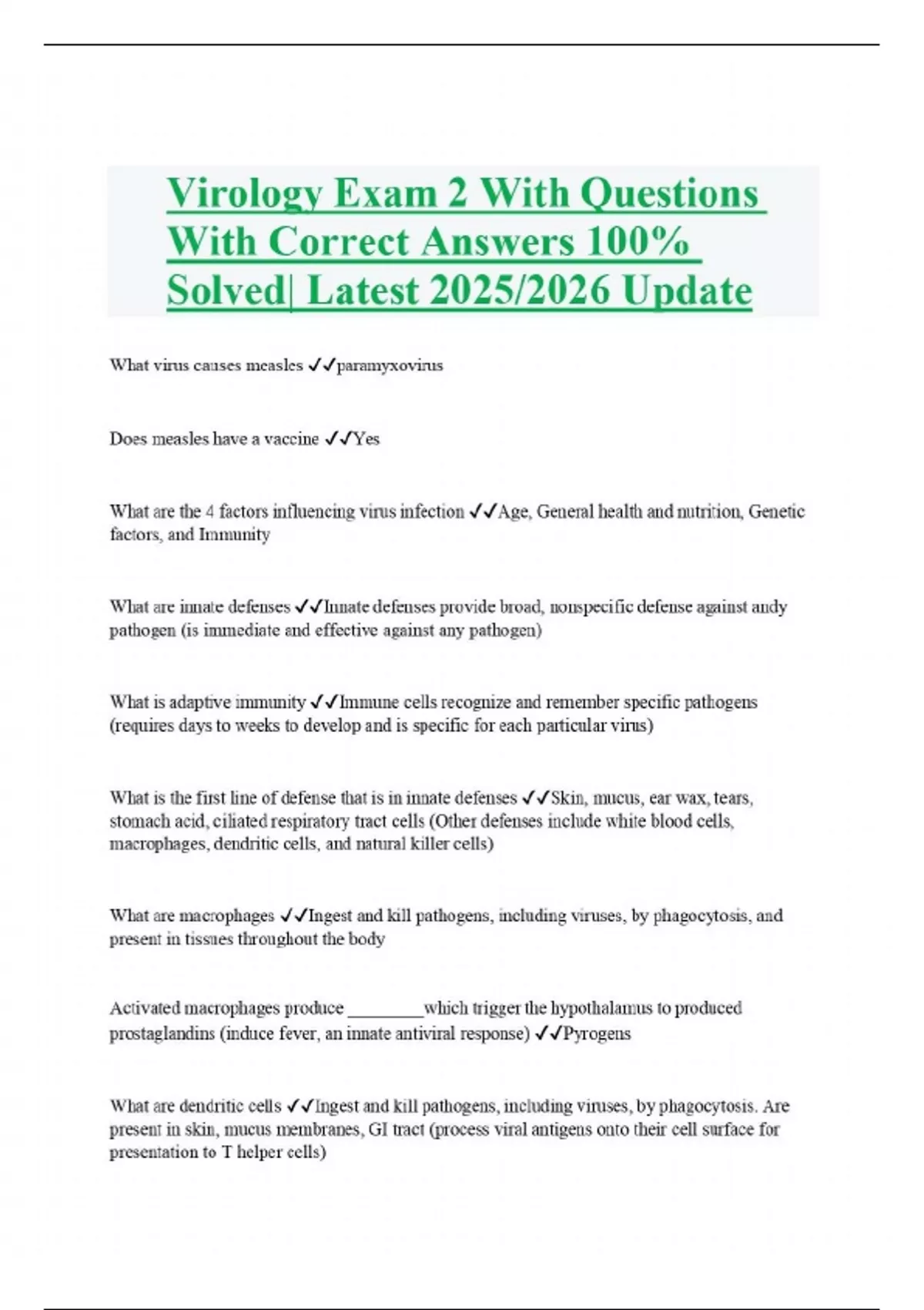 Virology Exam 2 With Questions With Correct Answers 100% Solved| Latest ...