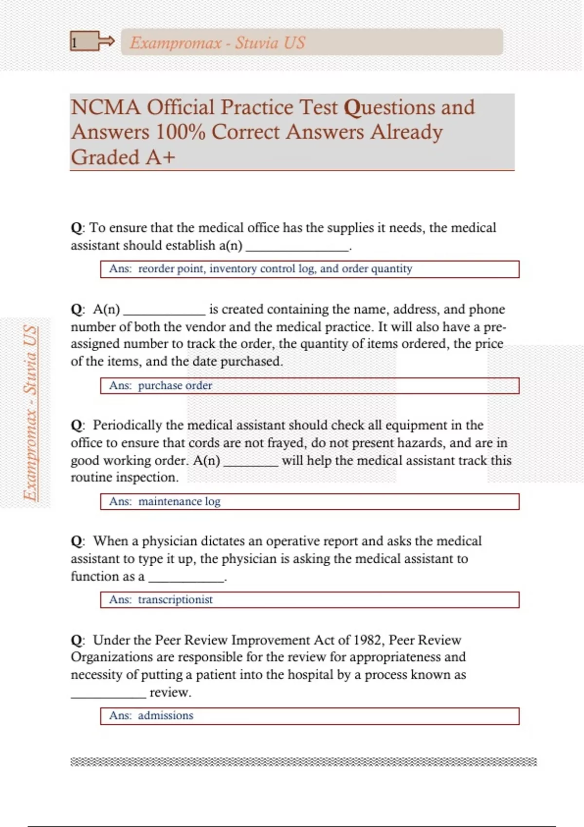 NCMA Official Practice Test Questions and Answers 100% Correct Answers ...