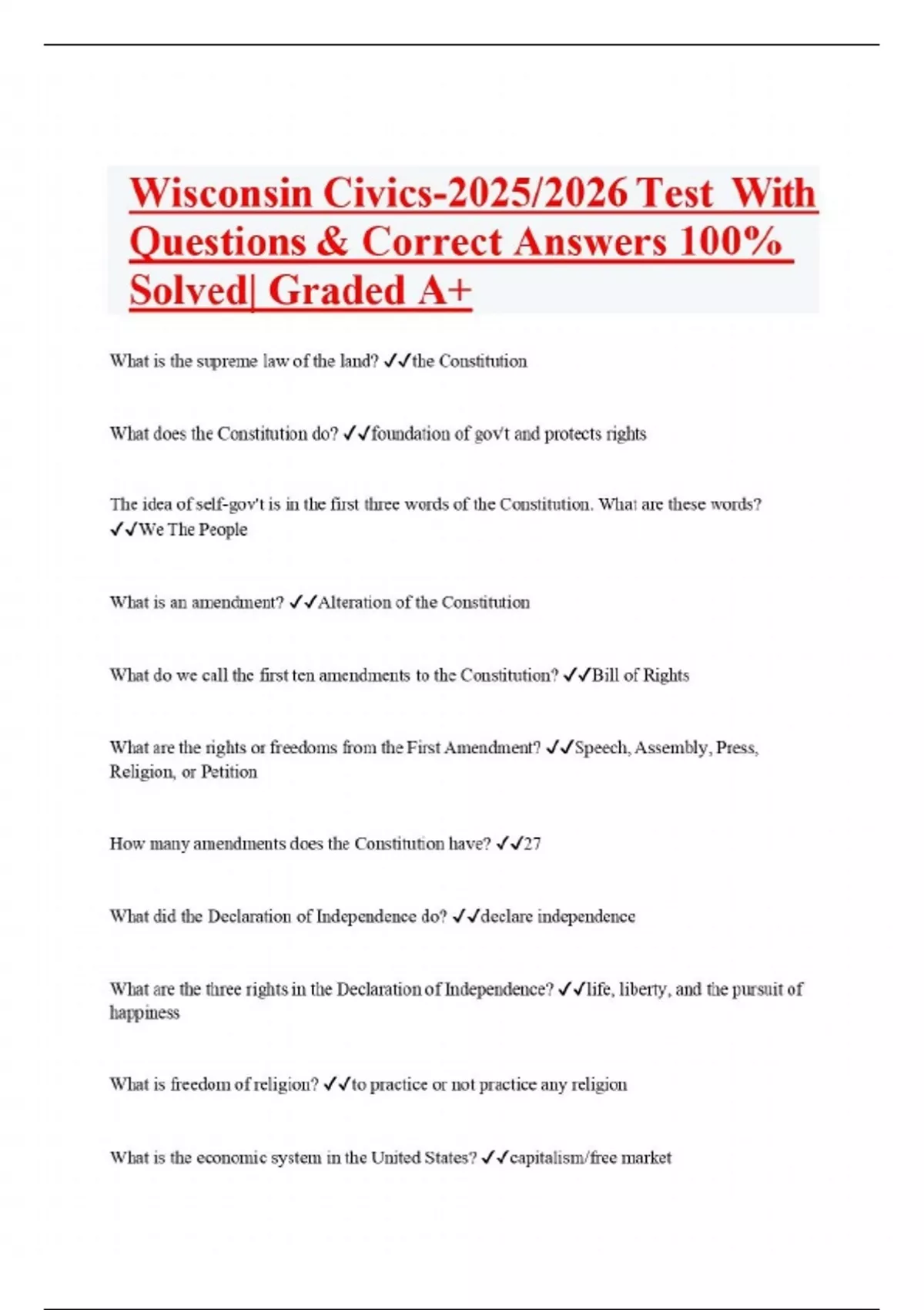 Wisconsin Civics-2025/2026 Test With Questions & Correct Answers 100% ...