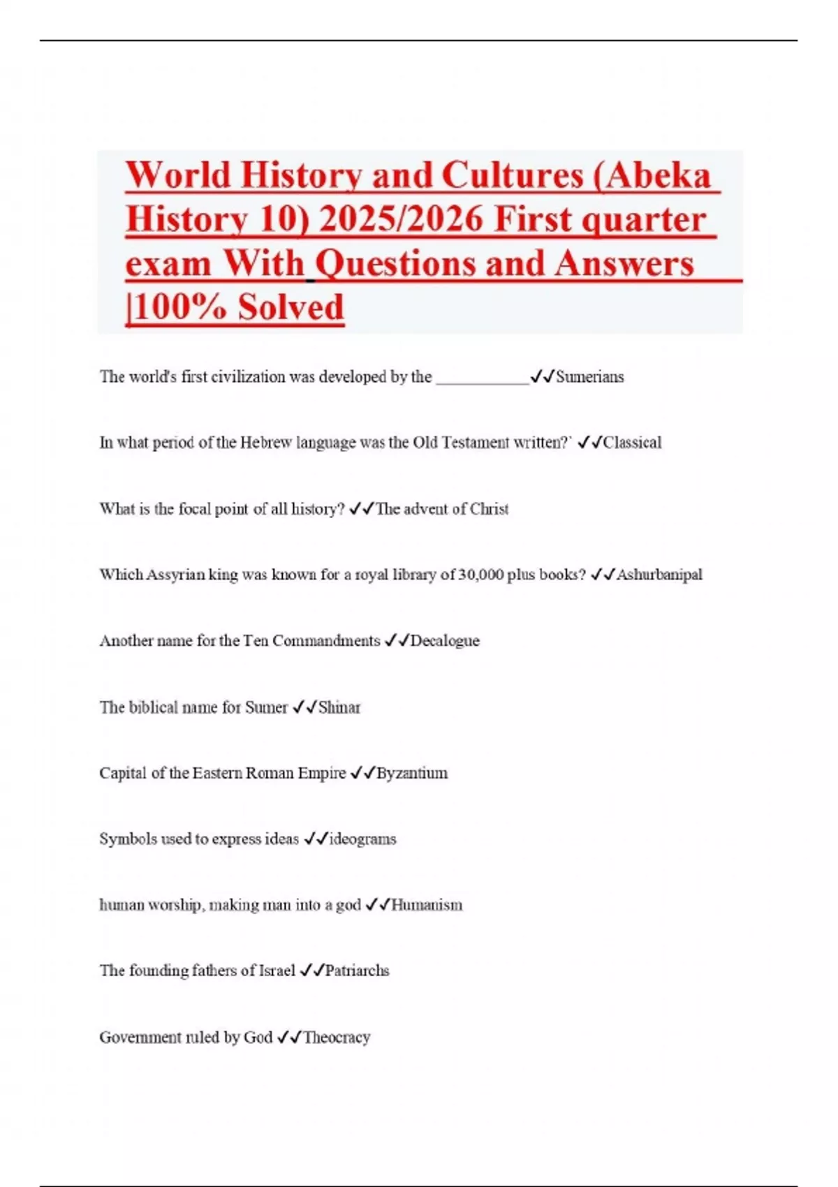 World History and Cultures (Abeka History 10) 2025/2026 First quarter ...