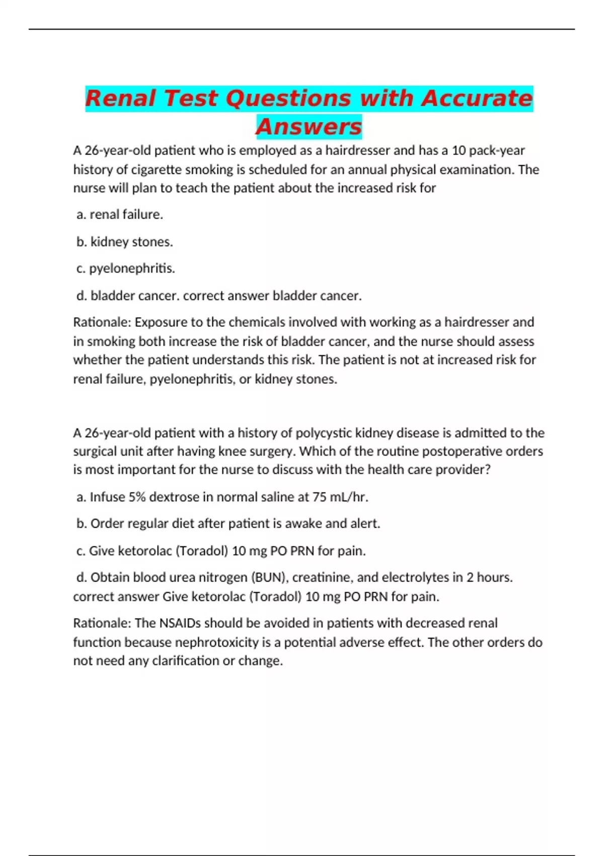Renal Test Questions with Accurate Answers - PCT- Patient Care ...