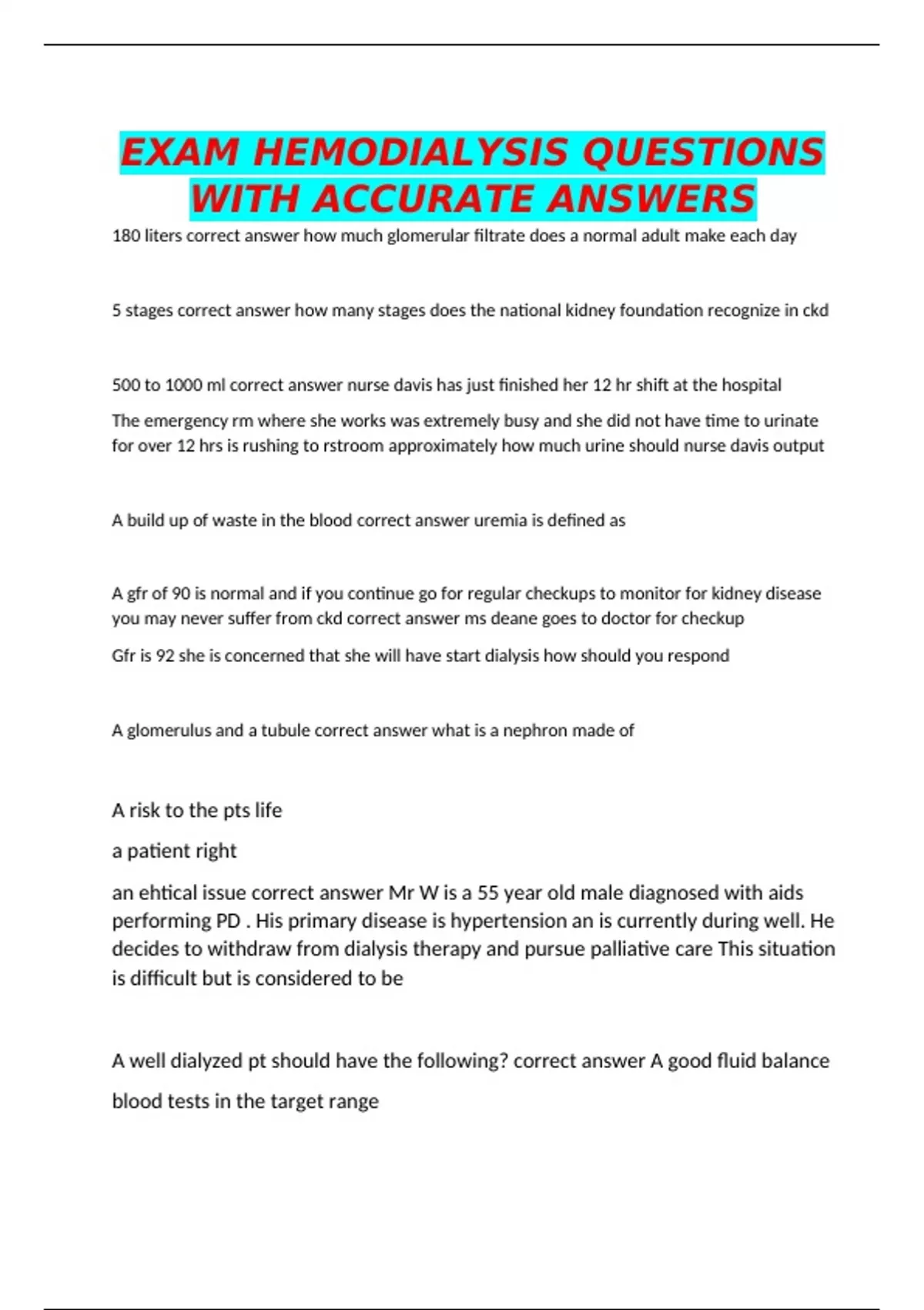 EXAM HEMODIALYSIS QUESTIONS WITH ACCURATE ANSWERS - PCT- Patient Care ...