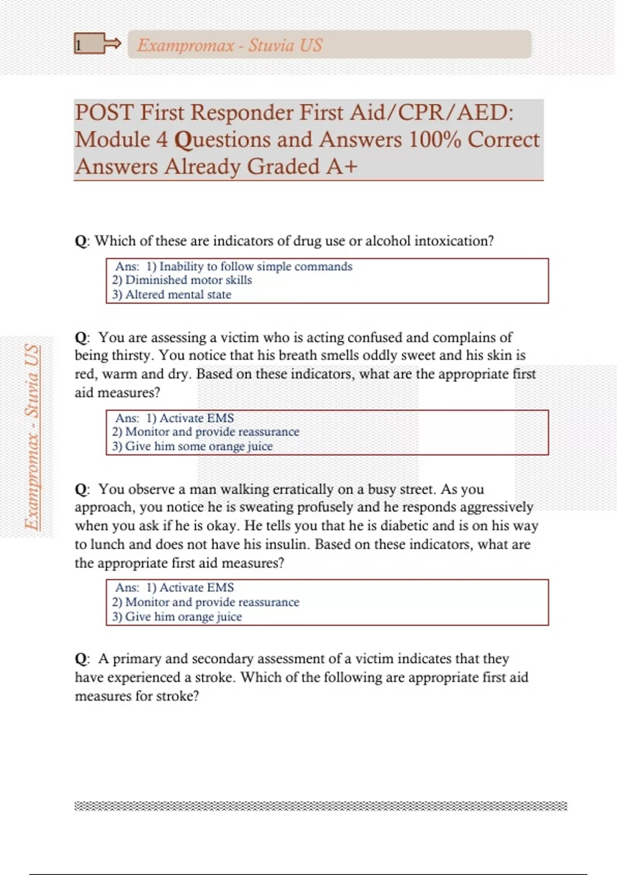 POST First Responder First Aid/CPR/AED: Module 4 Questions and Answers ...