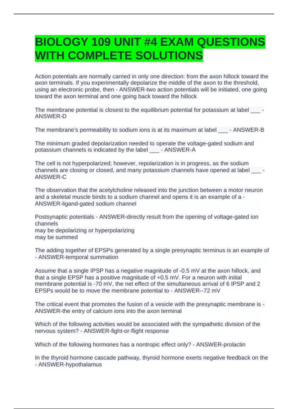 BIOLOGY 109 UNIT #4 EXAM QUESTIONS WITH COMPLETE SOLUTIONS - BIOLOGY ...