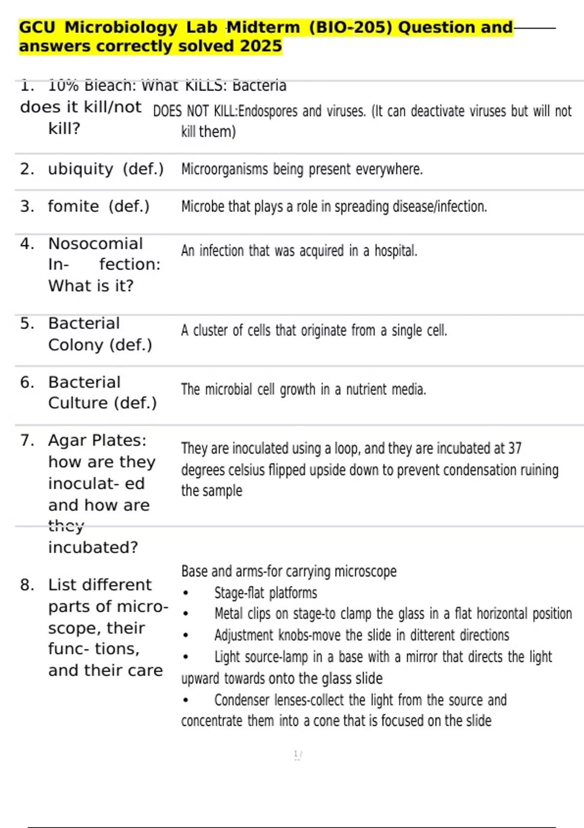 GCU Microbiology Lab Midterm (BIO-205) Question and answers correctly ...