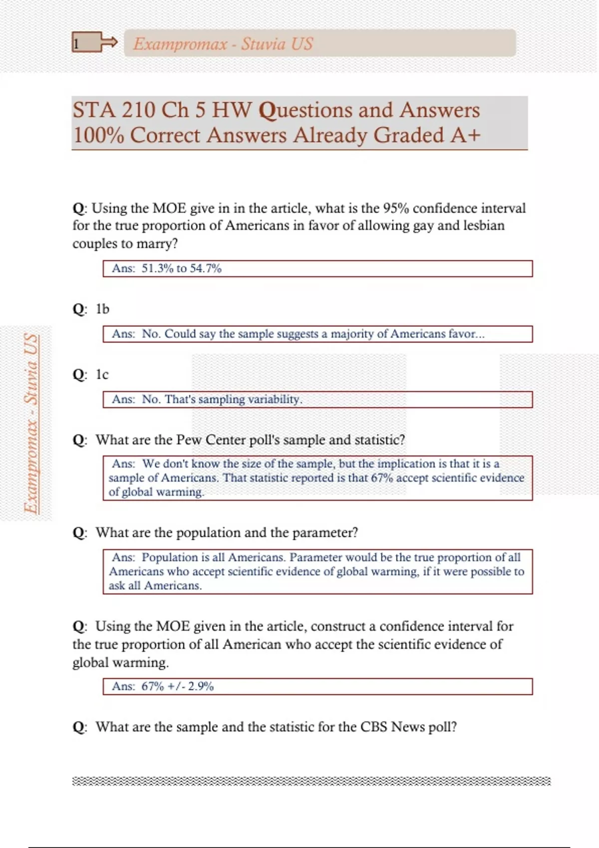 STA 210 Ch 5 HW Questions and Answers 100% Correct Answers Already ...
