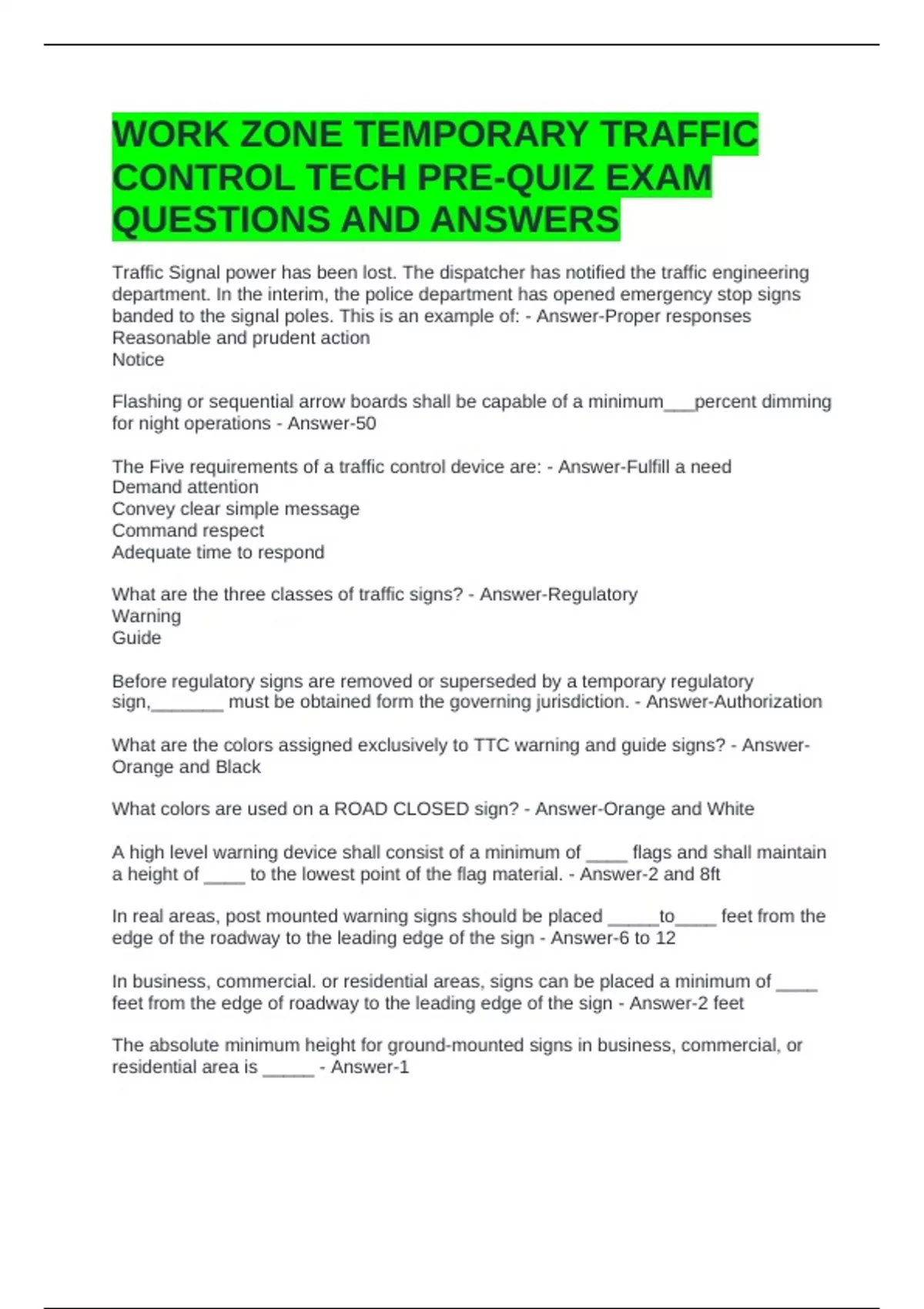 WORK ZONE TEMPORARY TRAFFIC CONTROL TECH PRE-QUIZ EXAM QUESTIONS AND ...