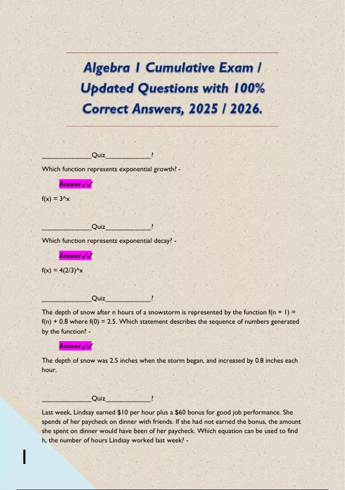 Algebra 1 Cumulative Exam / Updated Questions with 100% Correct Answers ...
