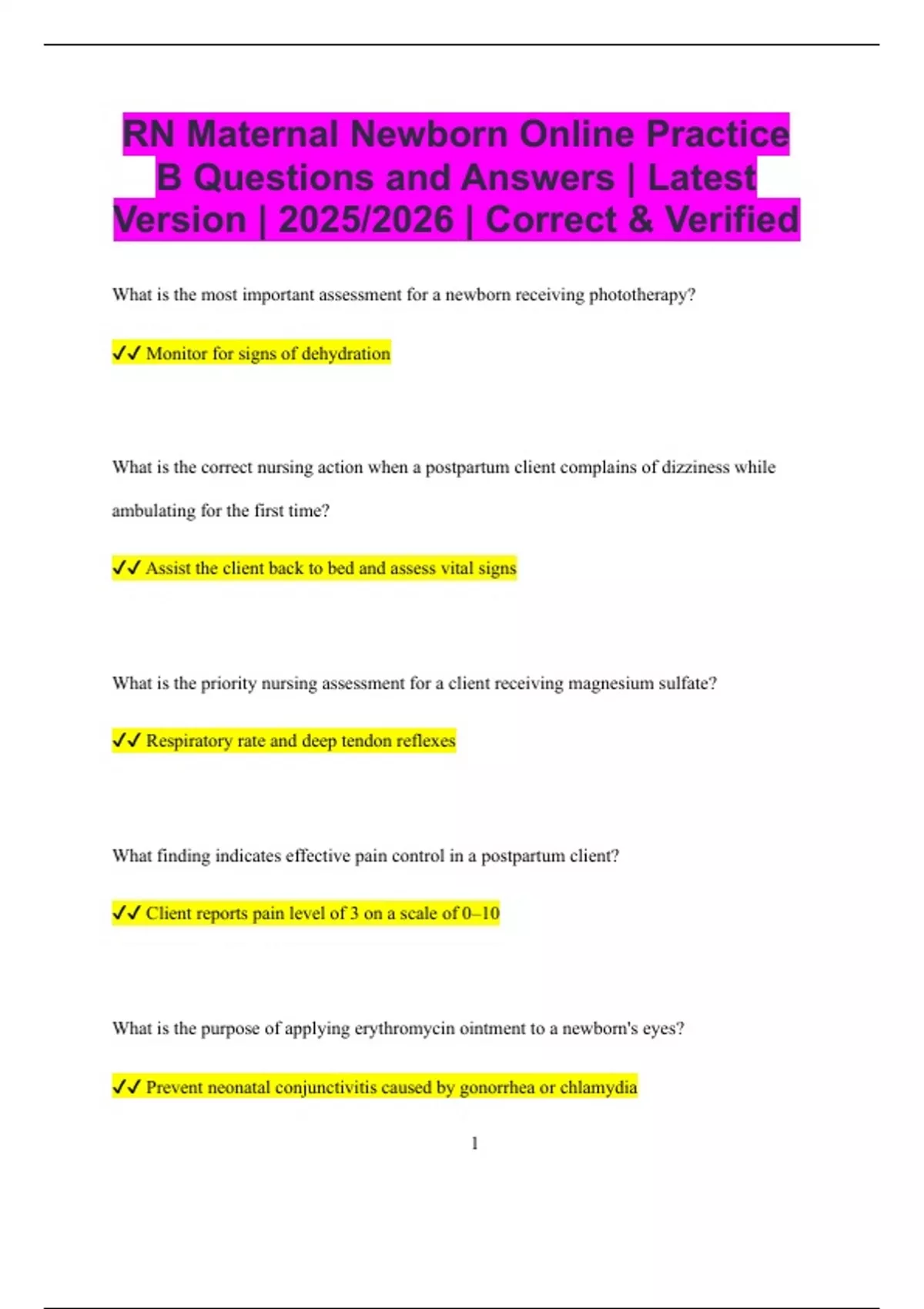 RN Maternal Newborn Online Practice B Questions and Answers | Latest ...