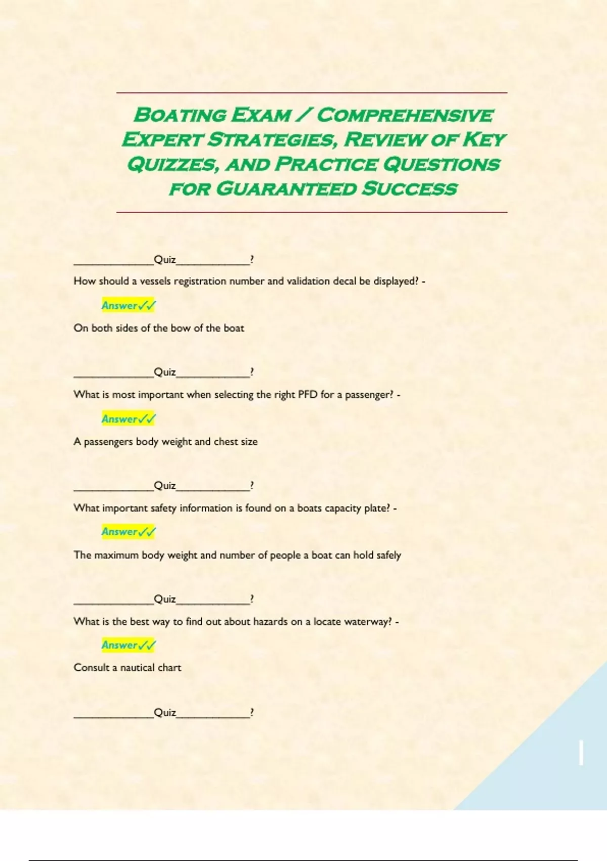 Boating Exam / Comprehensive Expert Strategies, Review of Key Quizzes ...