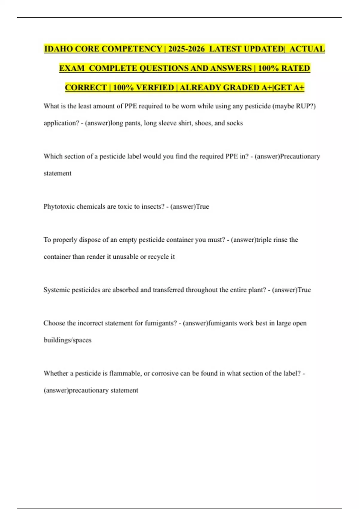 IDAHO CORE COMPETENCY | LATEST UPDATED| ACTUAL EXAM COMPLETE QUESTIONS ...