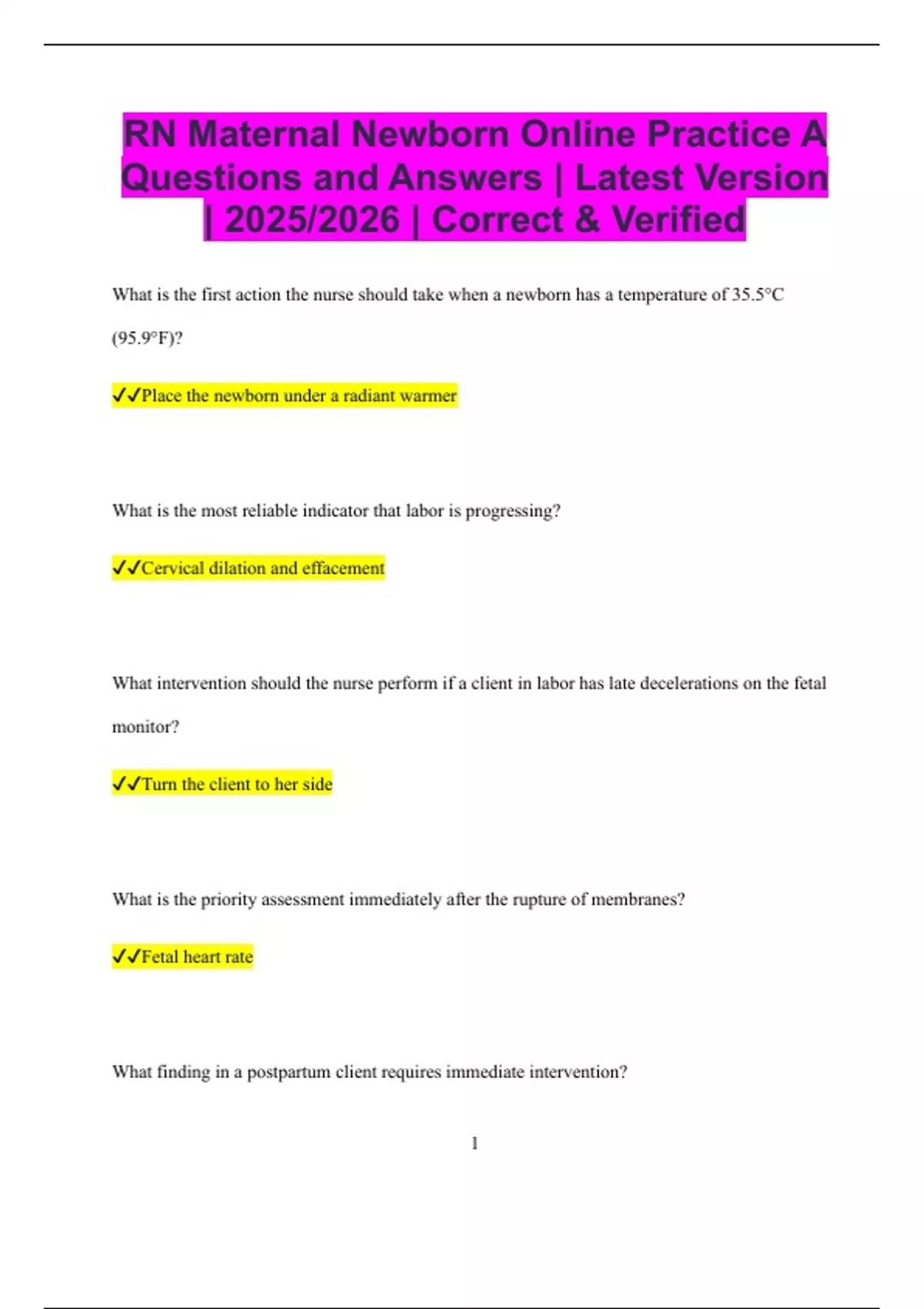 RN Maternal Newborn Online Practice A Questions and Answers | Latest ...