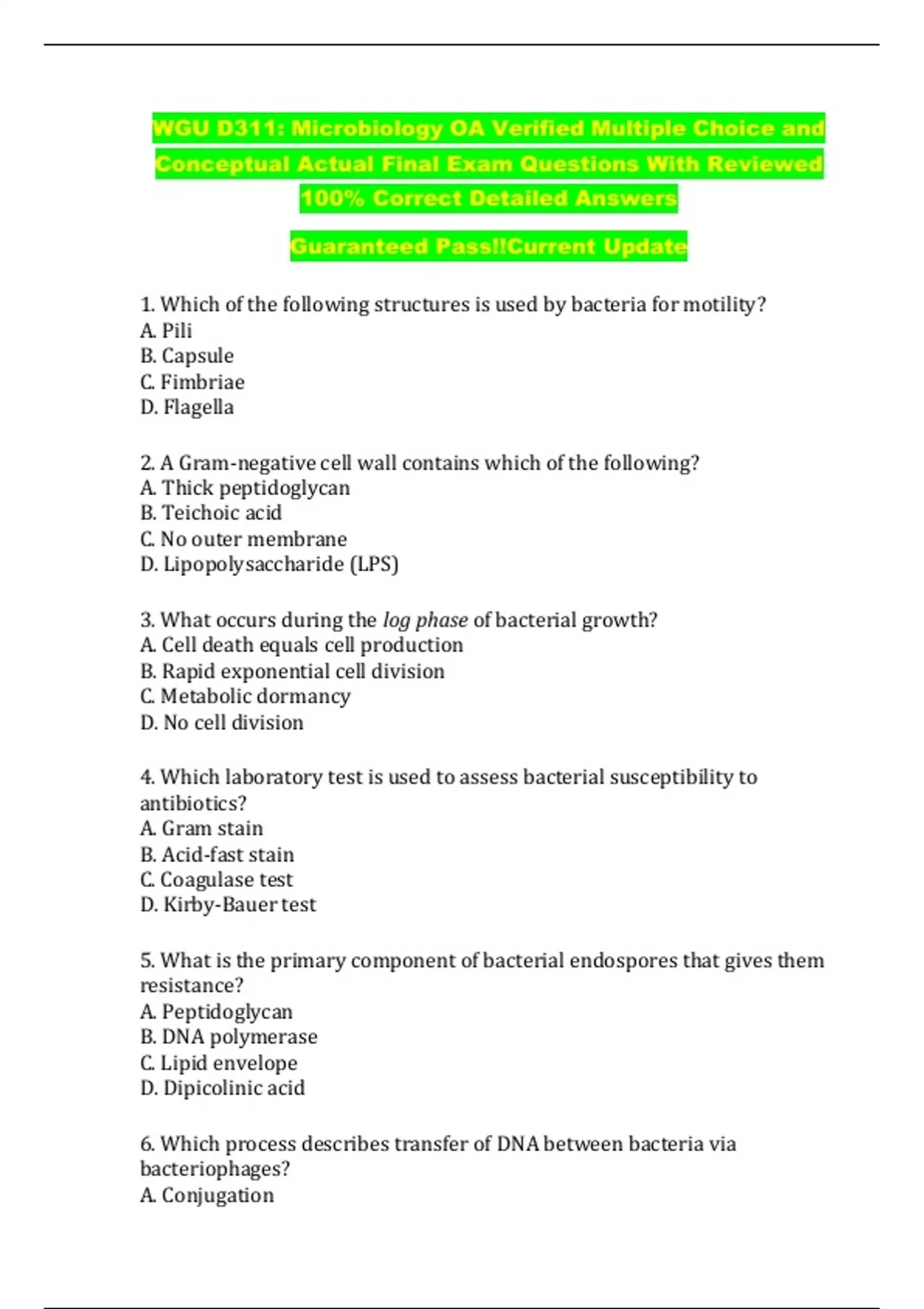 WGU D311: Microbiology OA Verified Multiple Choice and Conceptual ...