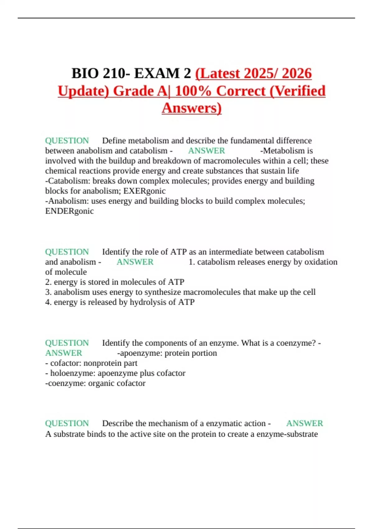 BIO 210- EXAM 2 (Latest 2025/ 2026 Update) Grade A| 100% Correct ...