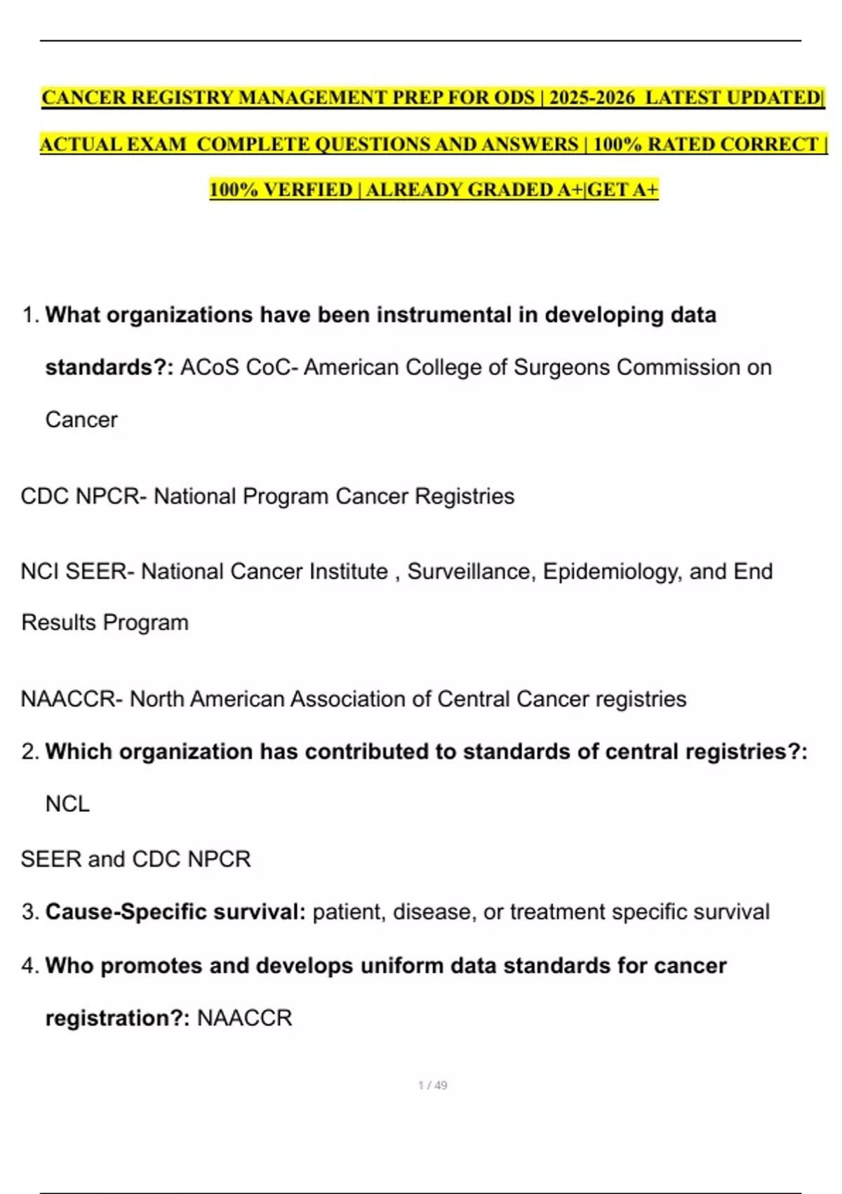 CANCER REGISTRY MANAGEMENT PREP FOR ODS | LATEST UPDATED|100 ACTUAL ...