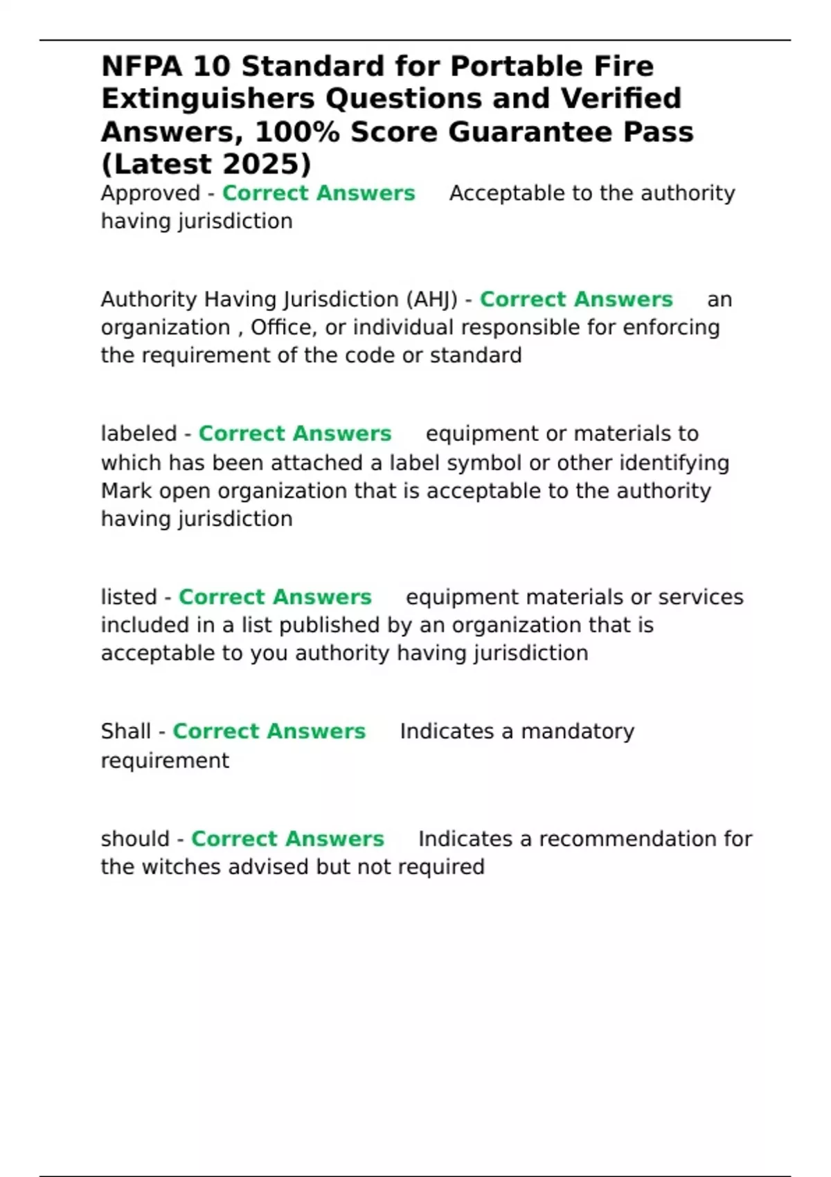 NFPA 10 Standard for Portable Fire Extinguishers Questions and Verified ...