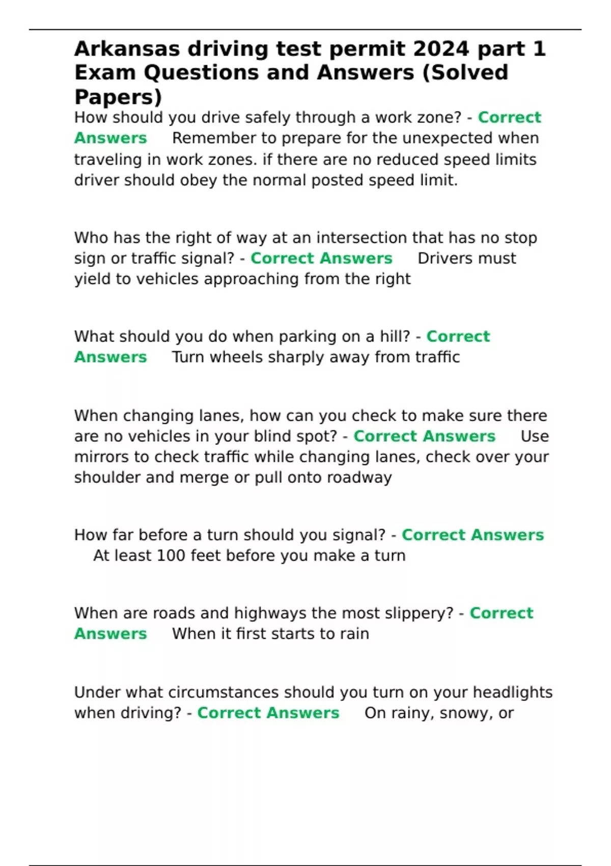 Arkansas driving test permit 2024 part 1 Exam Questions and Answers ...