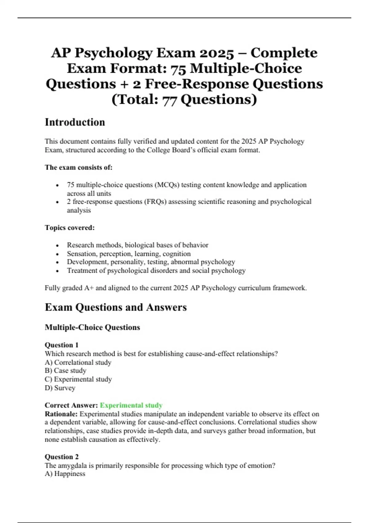 AP Psychology Exam 2025 – Complete Exam Format: 75 Multiple-Choice + 2 ...
