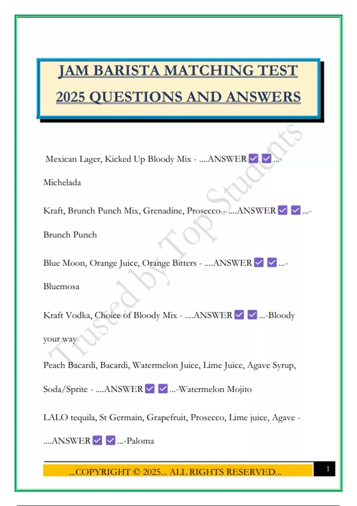JAM BARISTA MATCHING TEST 2025 QUESTIONS AND ANSWERS - STARBUCKS ...