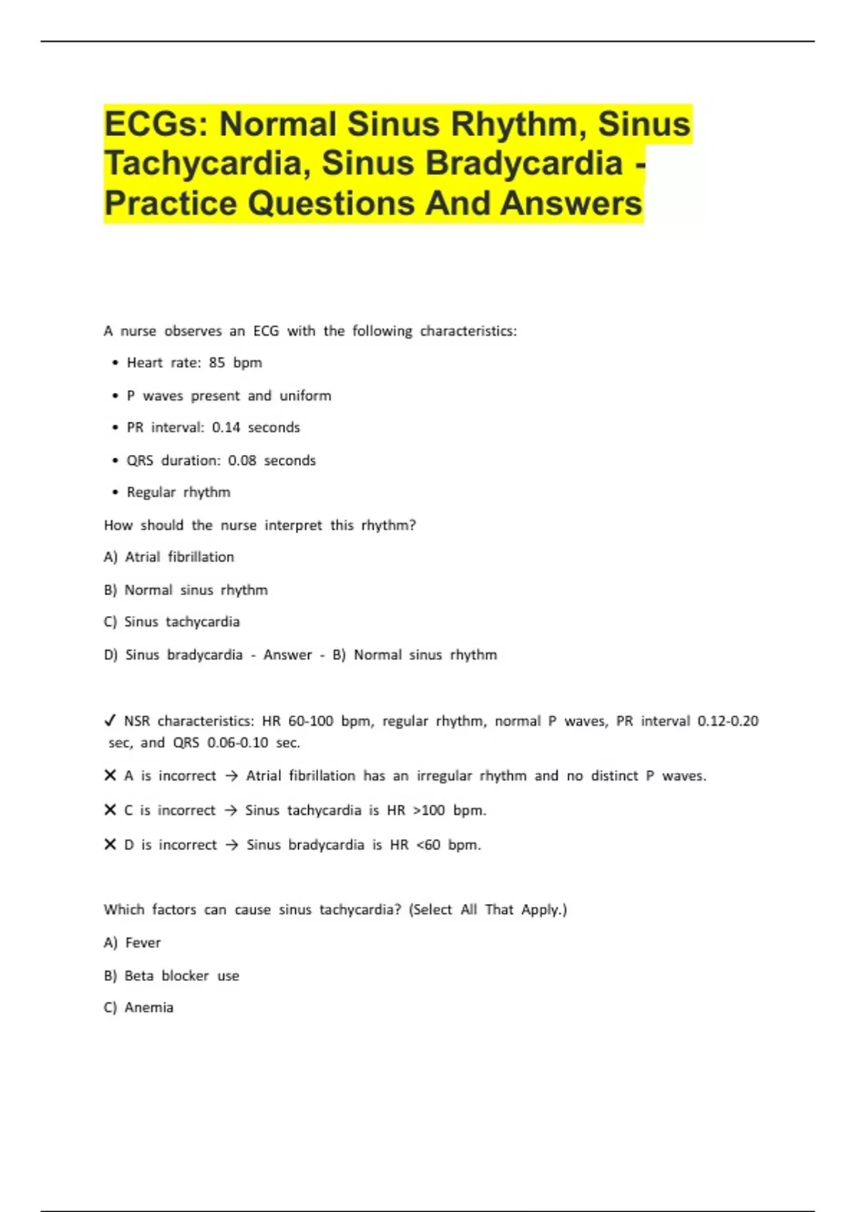 ECGs: Normal Sinus Rhythm, Sinus Tachycardia, Sinus Bradycardia ...