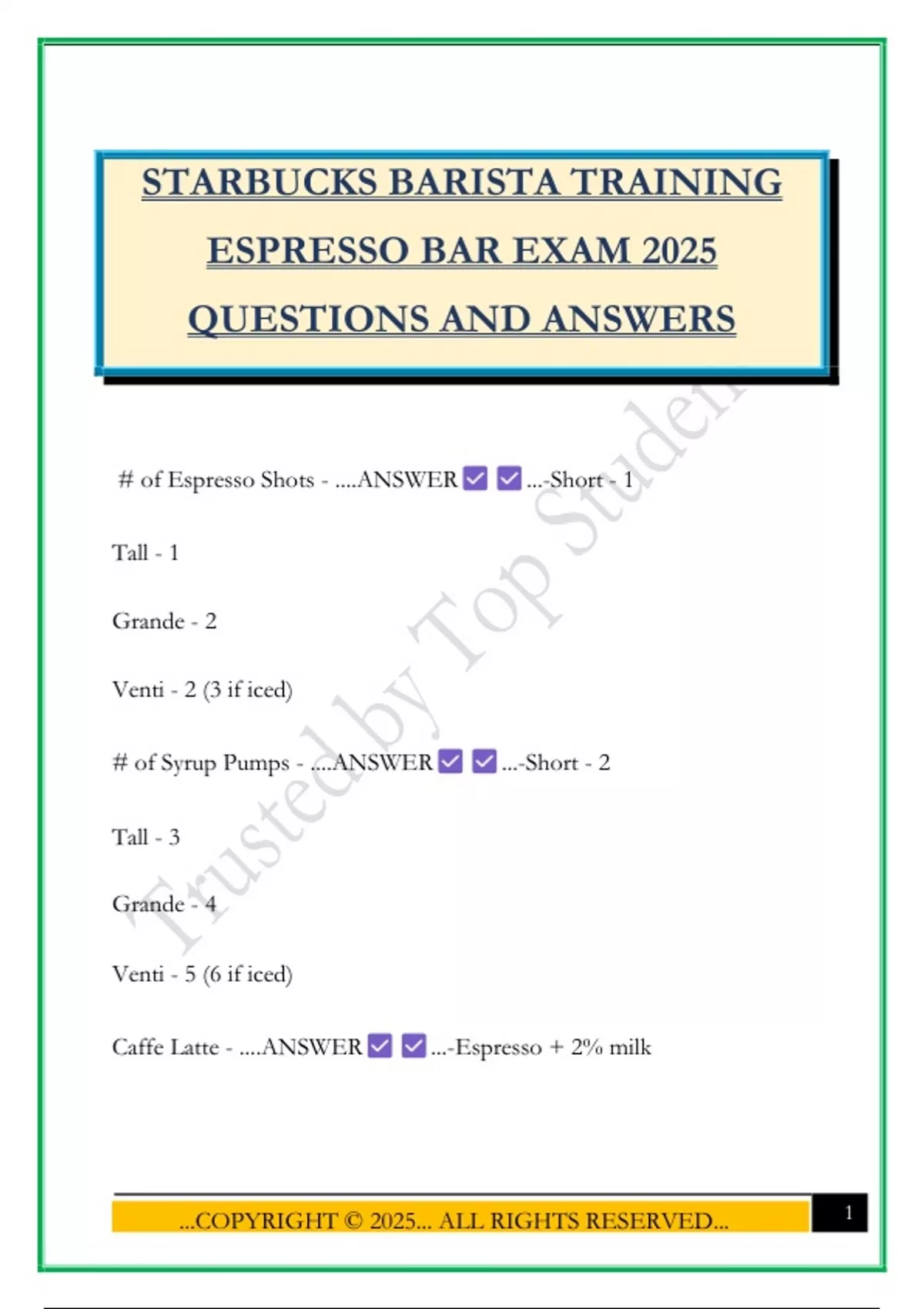STARBUCKS BARISTA TRAINING ESPRESSO BAR EXAM 2025 QUESTIONS AND ANSWERS ...