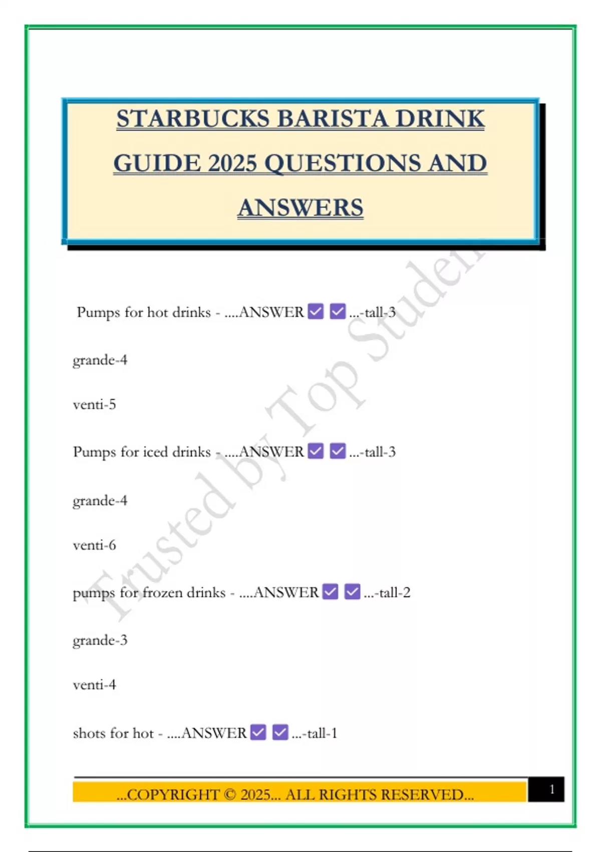 STARBUCKS BARISTA DRINK GUIDE 2025 QUESTIONS AND ANSWERS - STARBUCKS ...