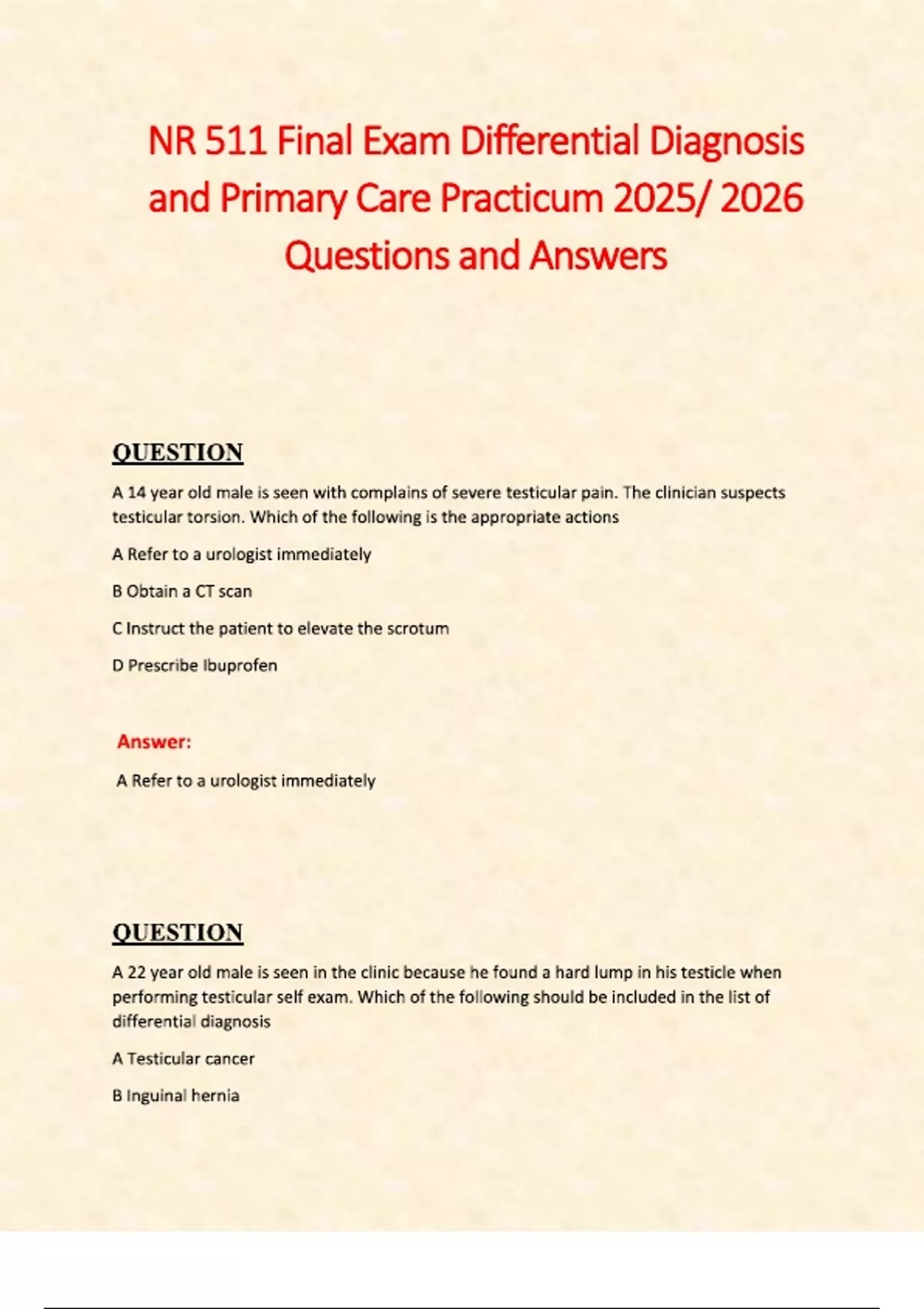 NR 511 Final Exam Differential Diagnosis and Primary Care Practicum ...