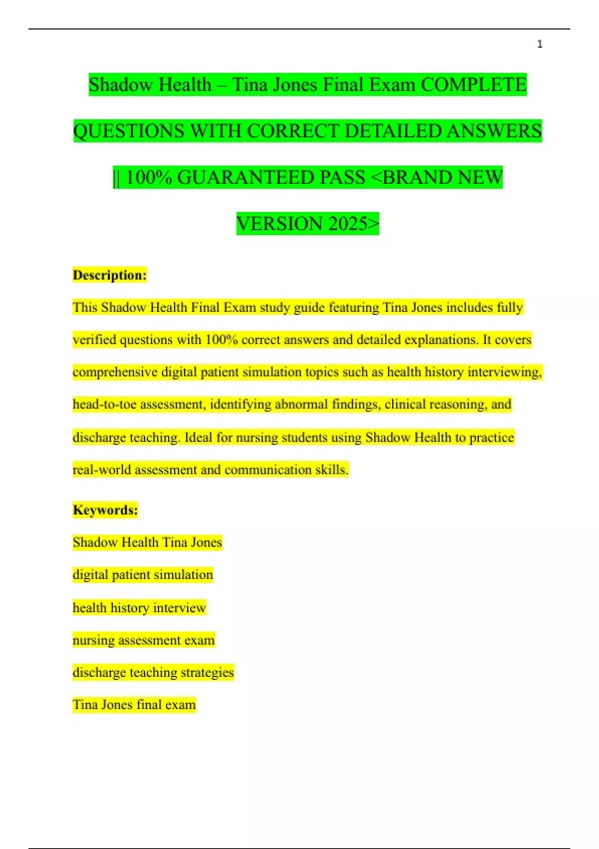 Shadow Health – Tina Jones Final Exam COMPLETE QUESTIONS WITH CORRECT ...